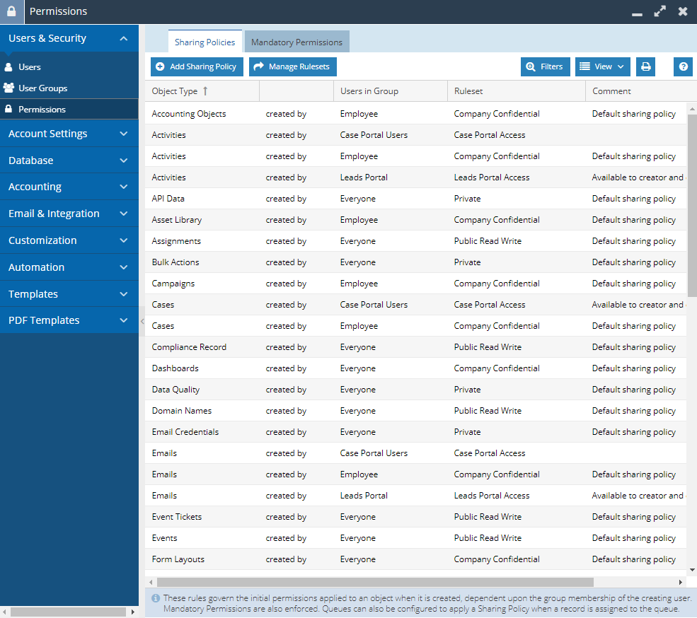 Sharing Policies & Mandatory Permissions | Workbooks CRM Support